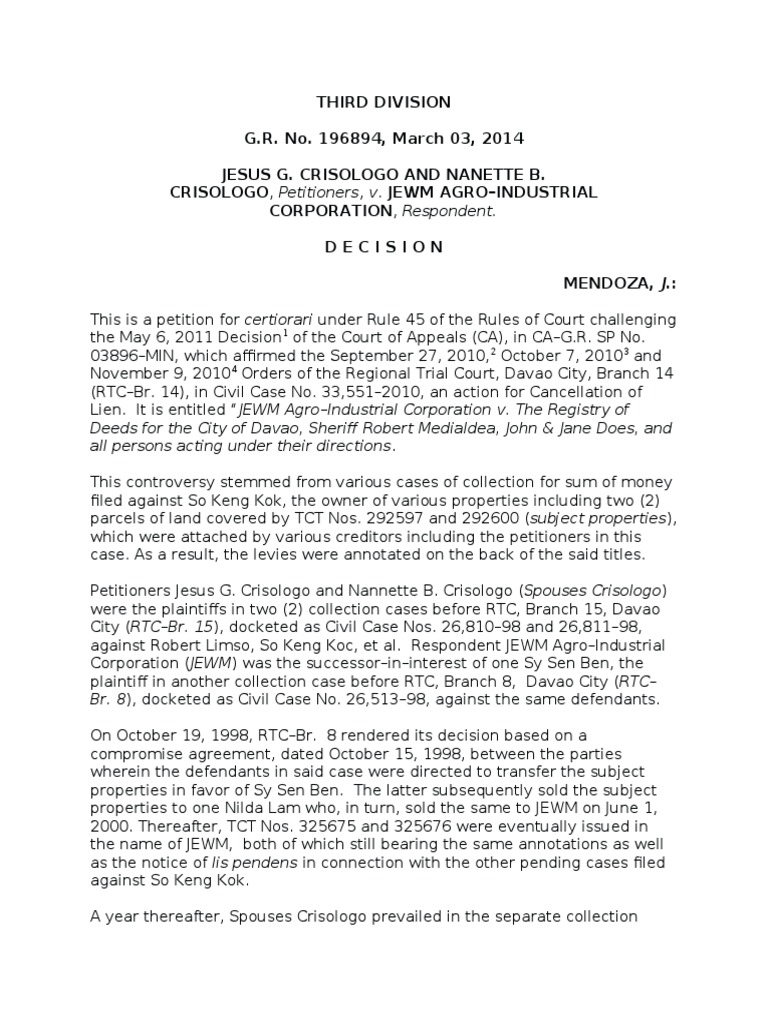 Crisologo, Et Al vs. JEWM Agro | PDF | Injunction | Lawsuit