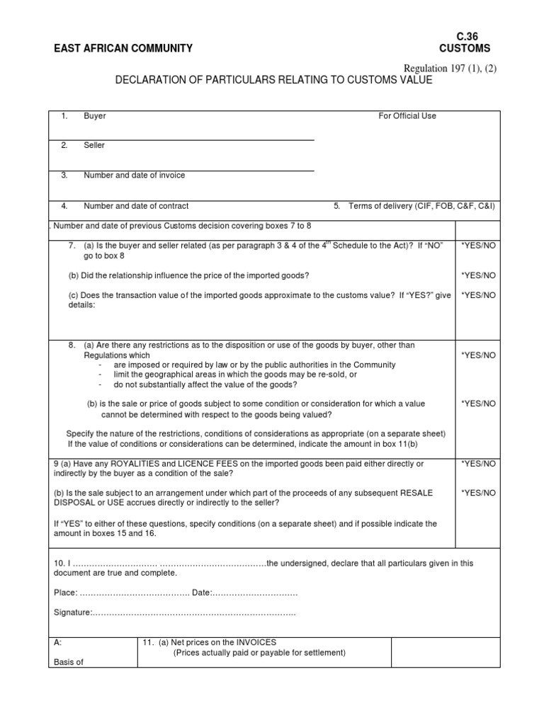 Declaration of Particulars Relating to Customs Value for East African ...
