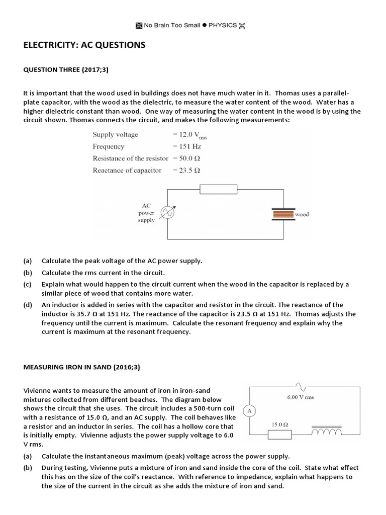 Electricity: Ac Questions: QUESTION THREE (2017 3) | PDF | Inductor ...