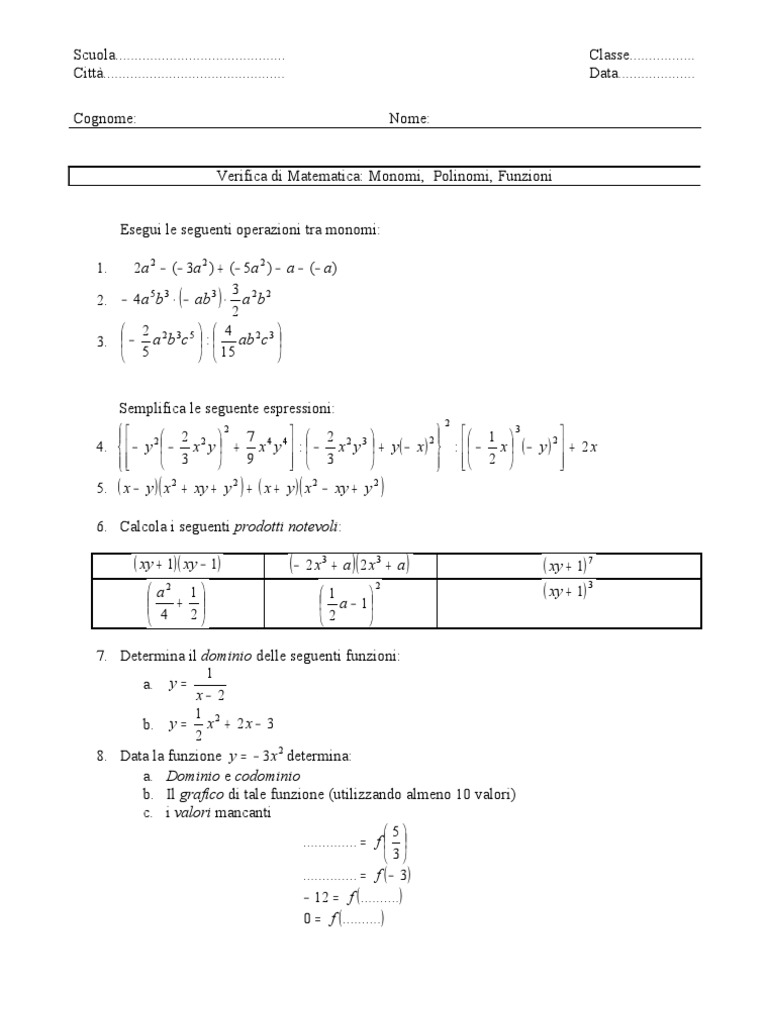 Verifica Su Monomi, Polinomi e Funzioni | PDF