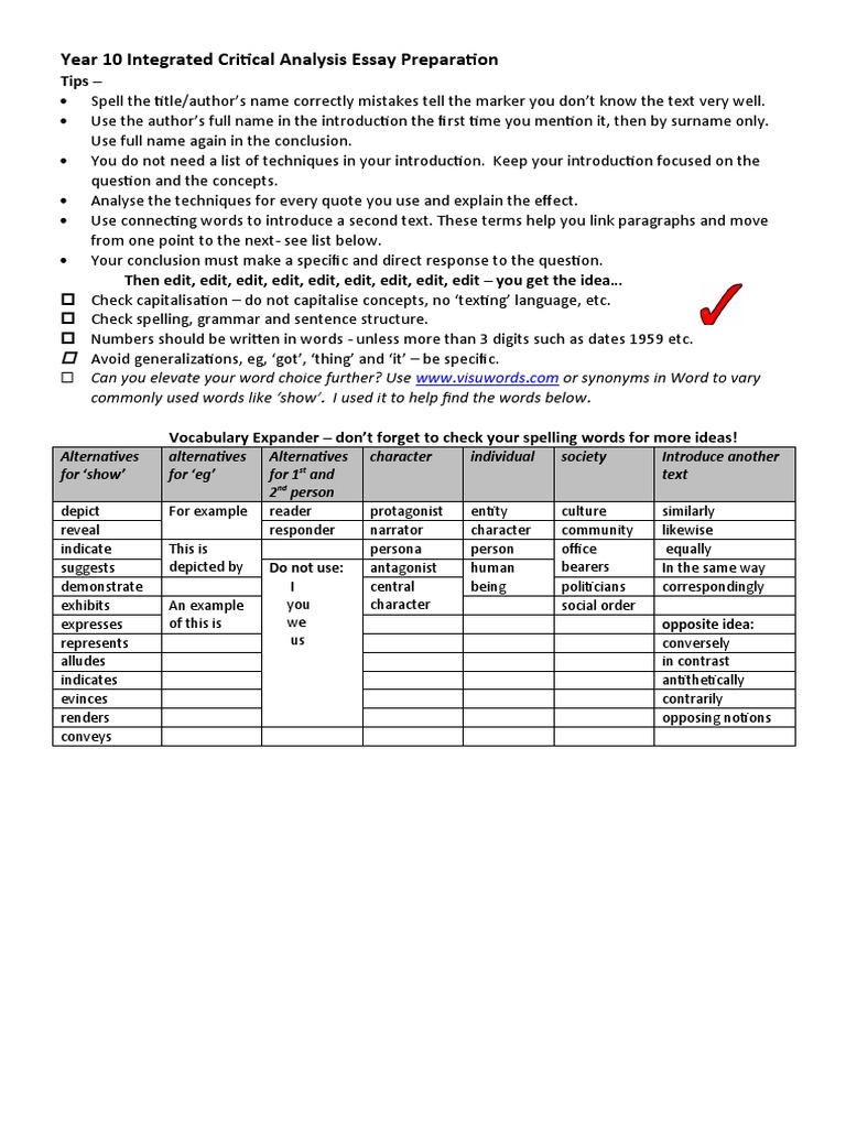 Year 10 Integrated Critical Analysis Essay Preparation: Tips | PDF ...