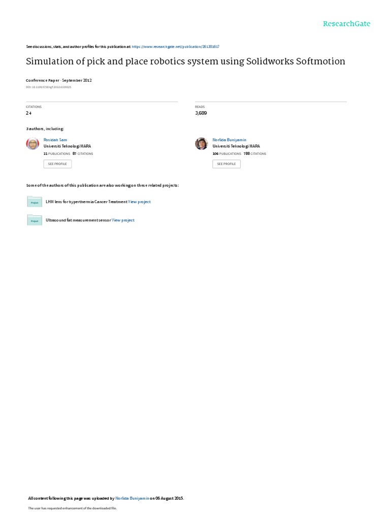 Simulation of Pick and Place Robotics System Using Solidworks Softmotion | PDF | Simulation | Robot