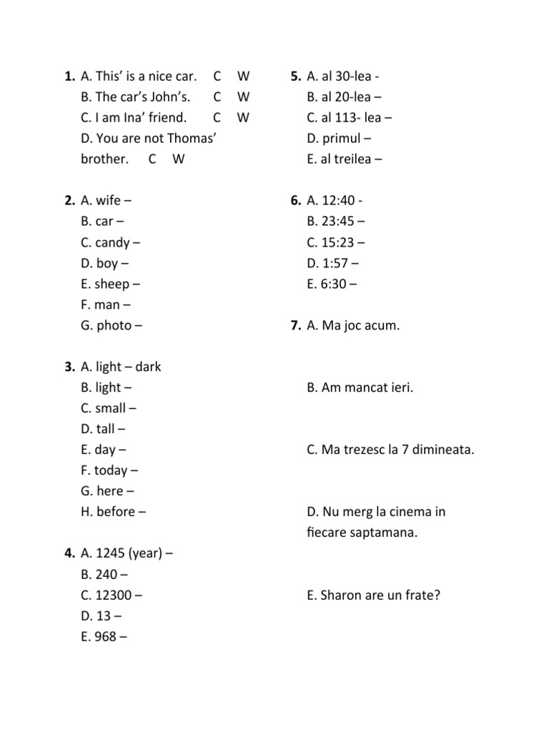 Test Engleza Incepatori | PDF