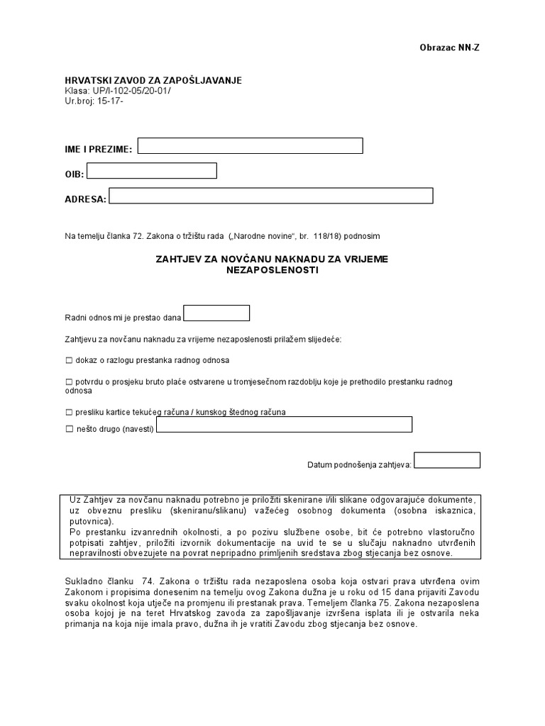 HZZ Obrazac Novcana Naknada - 2020 | PDF