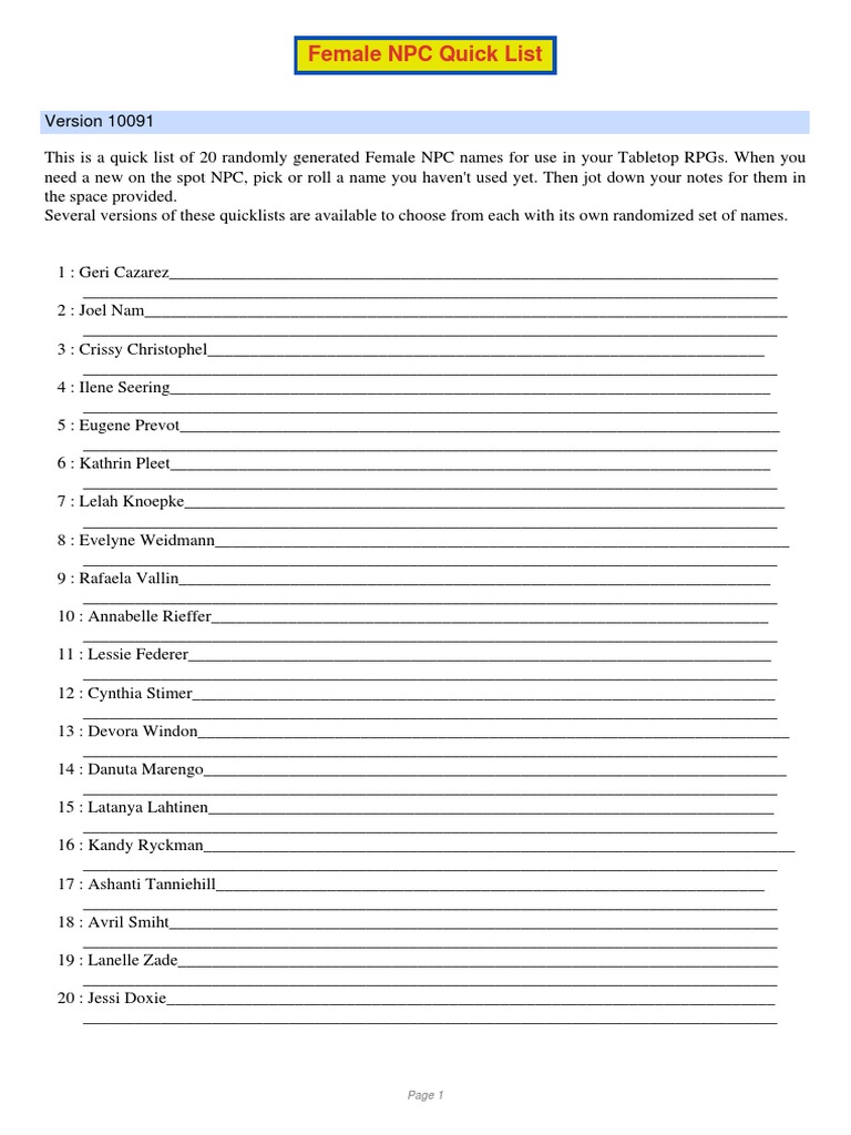 Female QuickList Version 10091 | PDF