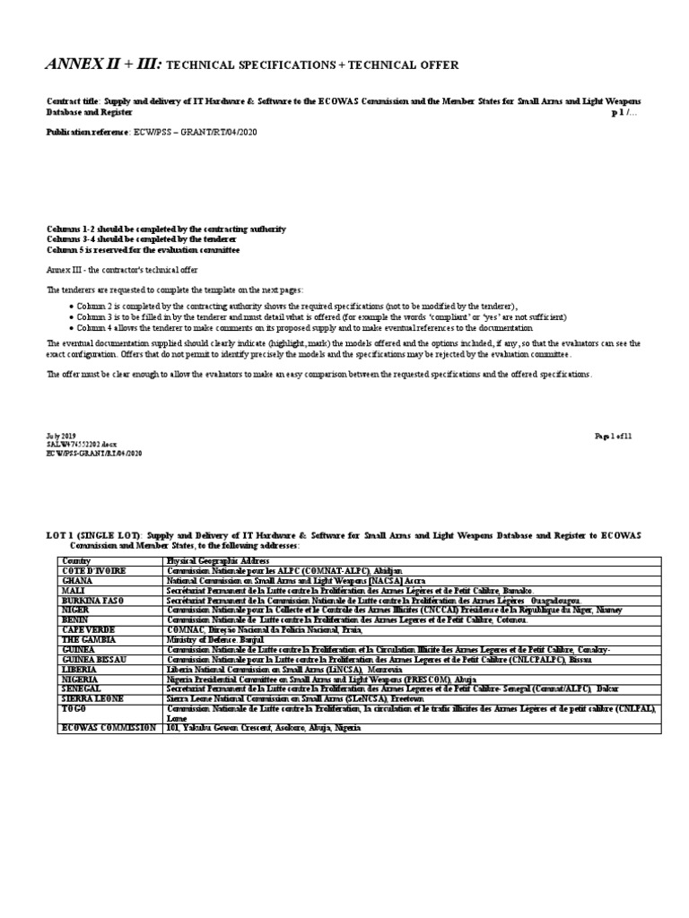 Annex Ii + Iii:: Technical Specifications + Technical Offer | PDF ...