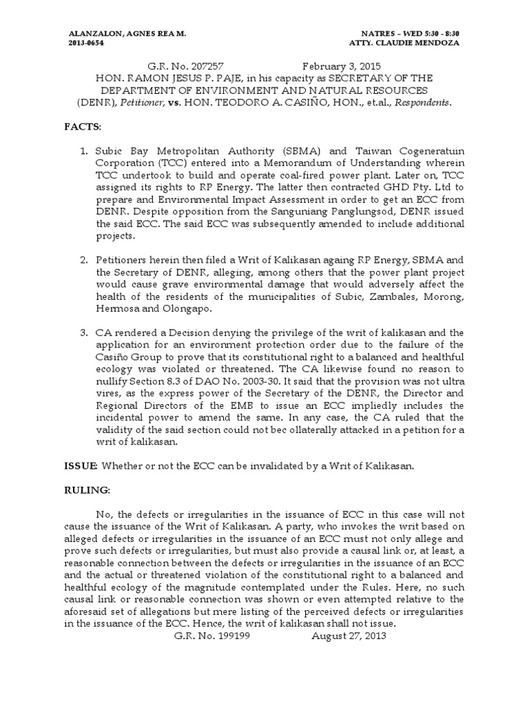 04 Environmental Law Case Digests - ALANZALON | PDF | Sovereign Immunity | Mandamus