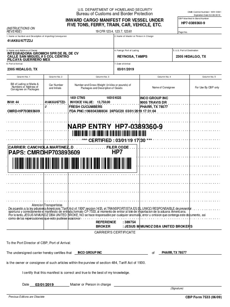 Inward Cargo Manifest Instructions | PDF | U.S. Customs And Border ...