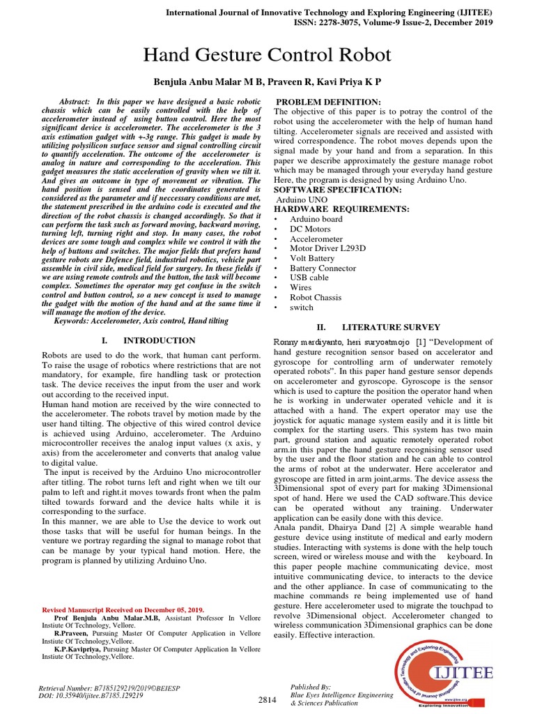 Hand Gesture Control Robot - Benjula Anbu Malar M B, Praveen R, Kavi Priya K P | PDF ...