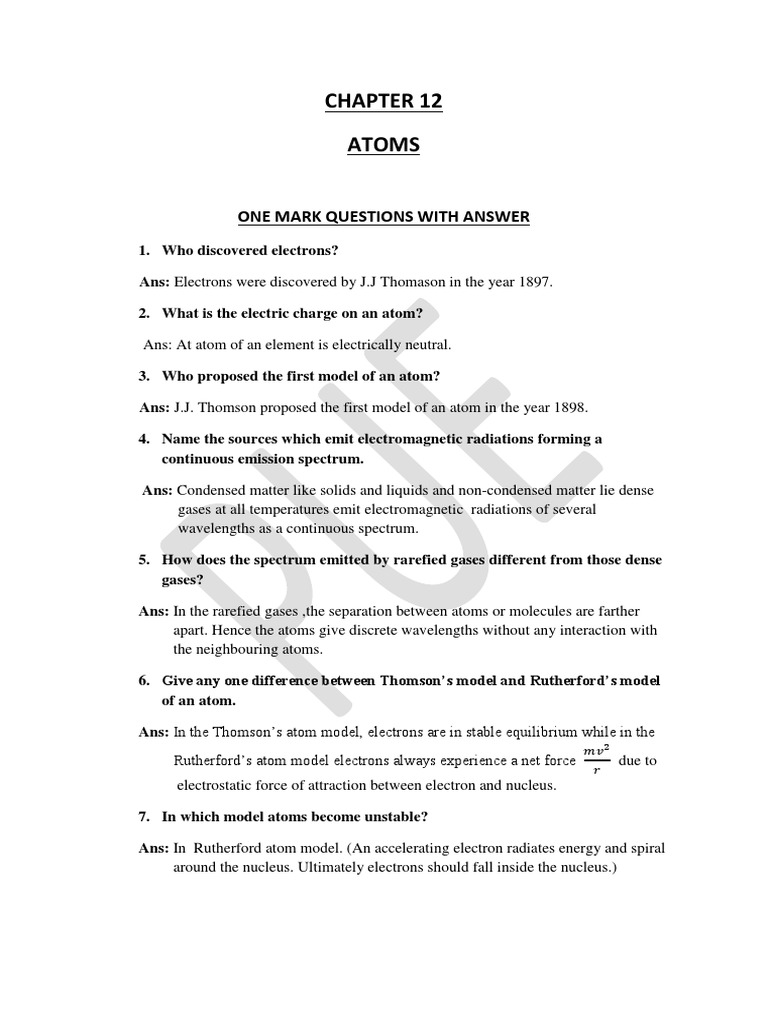 Atoms: One Mark Questions With Answer | PDF | Electron | Energy Level
