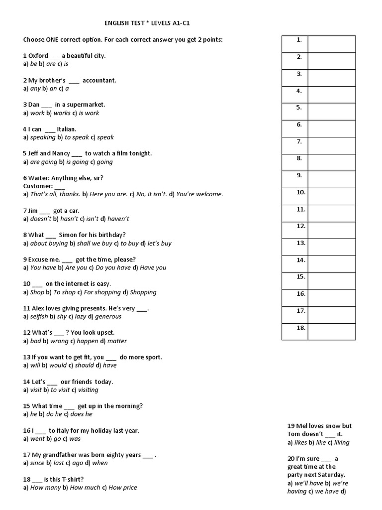 English Placement Test A1-C1 | PDF