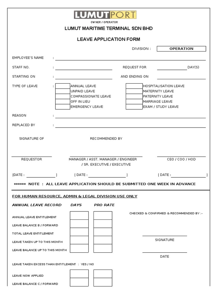 Lumut Maritime Terminal SDN BHD Leave Application Form: Division | PDF ...