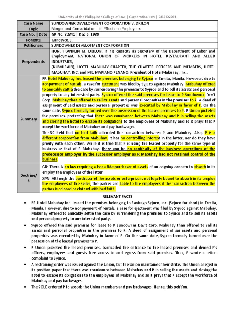 Sundowner Corp v. Drilon: Employee Rights | PDF | Lease | Employment