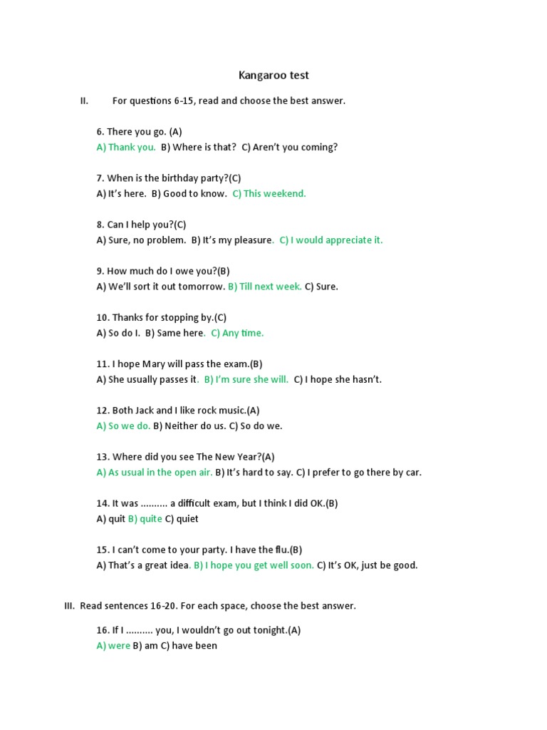 Kangaroo Test English | PDF | Sunglasses