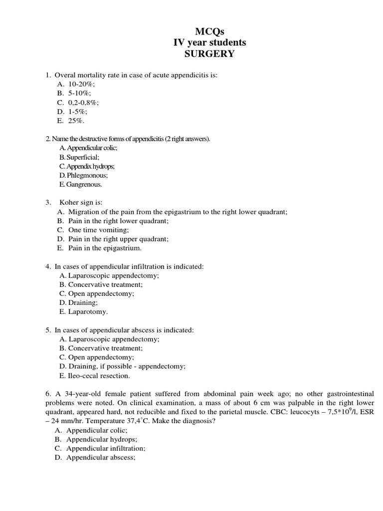 Mcqs IV Year Students Surgery | PDF | Digestive System | Digestive Diseases