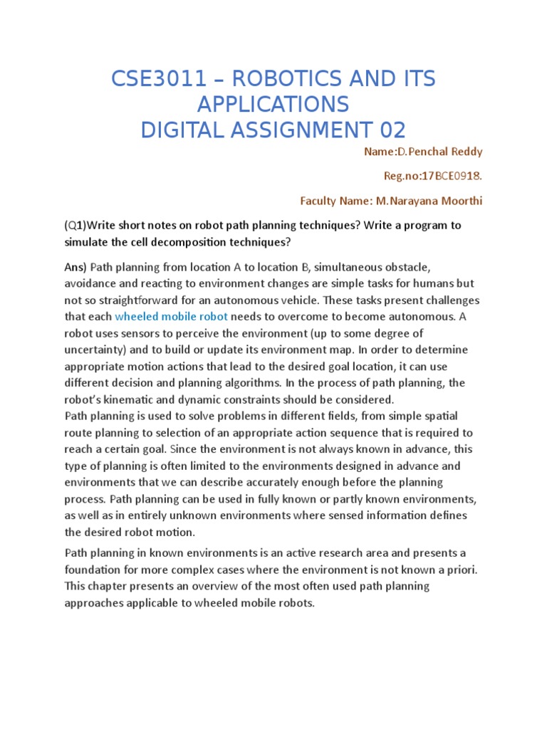 Cse3011 - Robotics and Its Applications Digital Assignment 02 | PDF