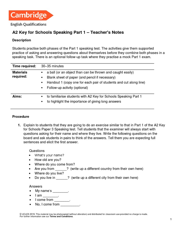 A2 Key For Schools Speaking Part 1 - Teacher's Notes: Description | PDF ...