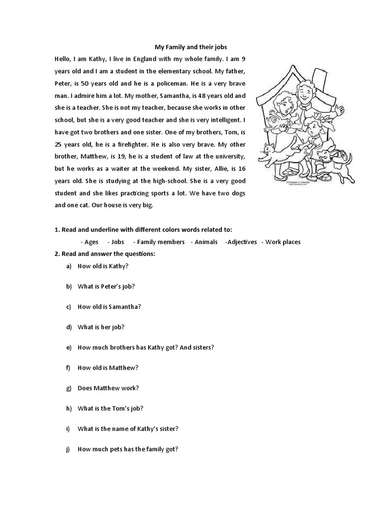 My Family and Their Jobs Reading Comprehension Exercises - 19224 | PDF