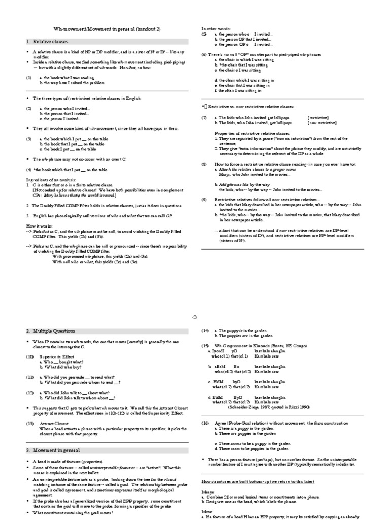 Wh-movement/Movement in General (Handout 2) 1. Relative Clauses | PDF ...
