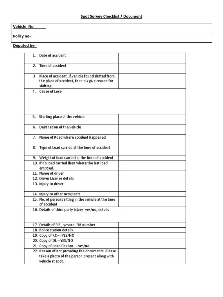 Spot Survey Checklist / Document Vehicle No-Policy No - Deputed by | PDF