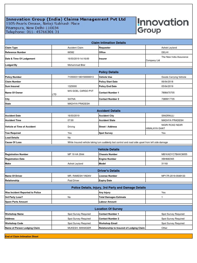 Claim Intimation Form | PDF | Land Transport | Insurance