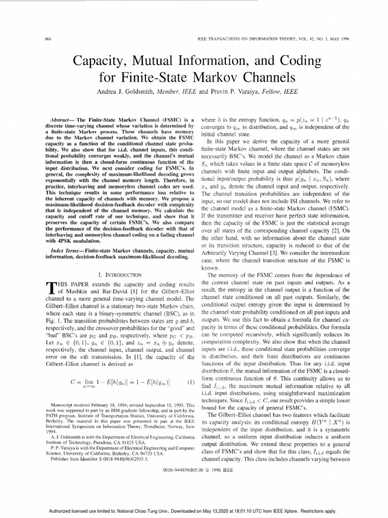 Capacity, Mutual Information, and Coding For Finite-State Markov Channels | PDF | Markov Chain ...