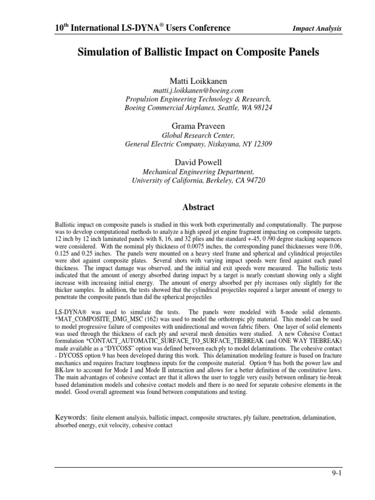 Simulation of Ballistic Impact On Composite Panels: 10 International LS ...
