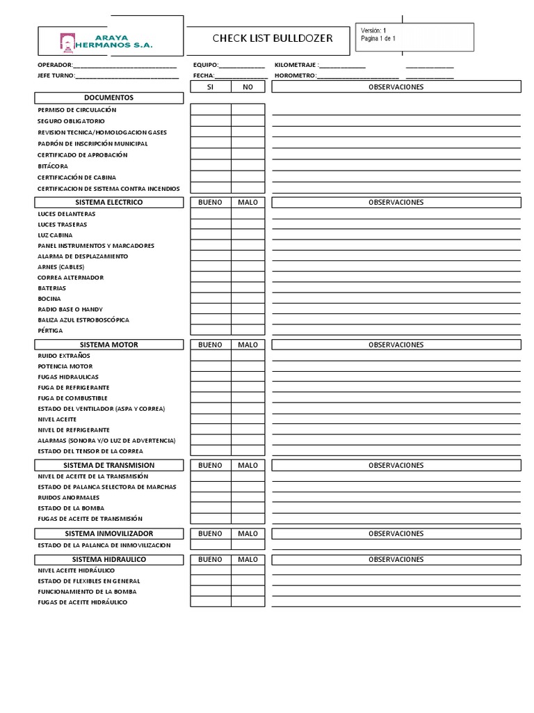 Check List Bulldozer | PDF | Tecnologías automotrices | Vehículos de ruedas