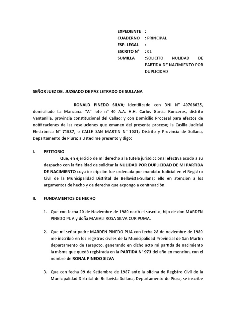 DEMANDA Nulidad Por Duplicidad DE PARTIDA NAC SR. Ronald Pinedo | PDF | Nulo (ley) | Demanda ...
