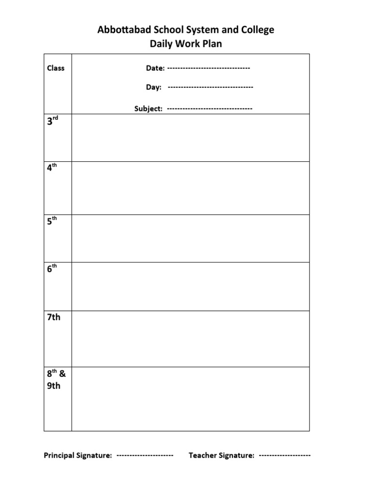 Abbottabad School System and College Daily Work Plan