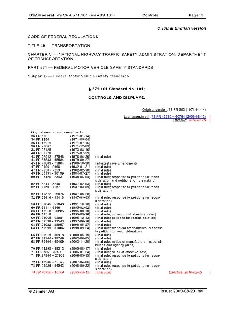 USA/Federal: 49 CFR 571.101 (FMVSS 101) : Original English Version ...