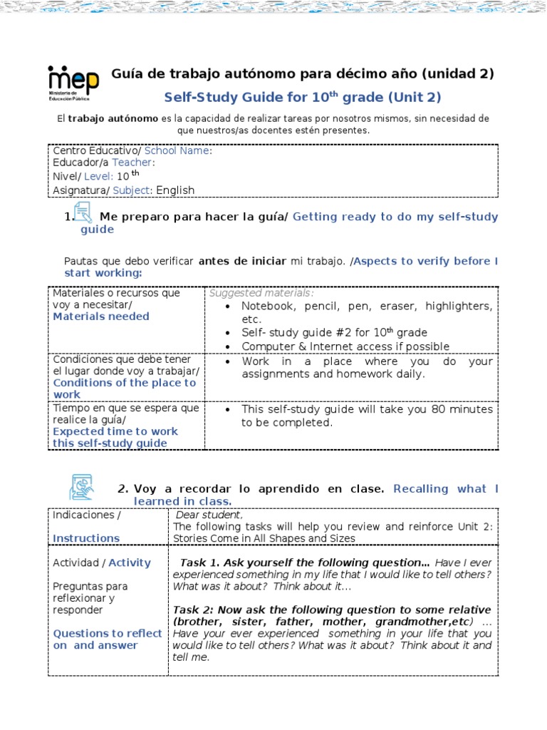 Guía de Trabajo Autónomo para Décimo Año (Unidad 2) : Self-Study Guide For 10 Grade (Unit 2 ...