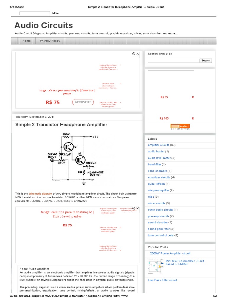 Transistor Headphone Amplifier Audio Circuit Pdf Amplifier Electronic Circuits