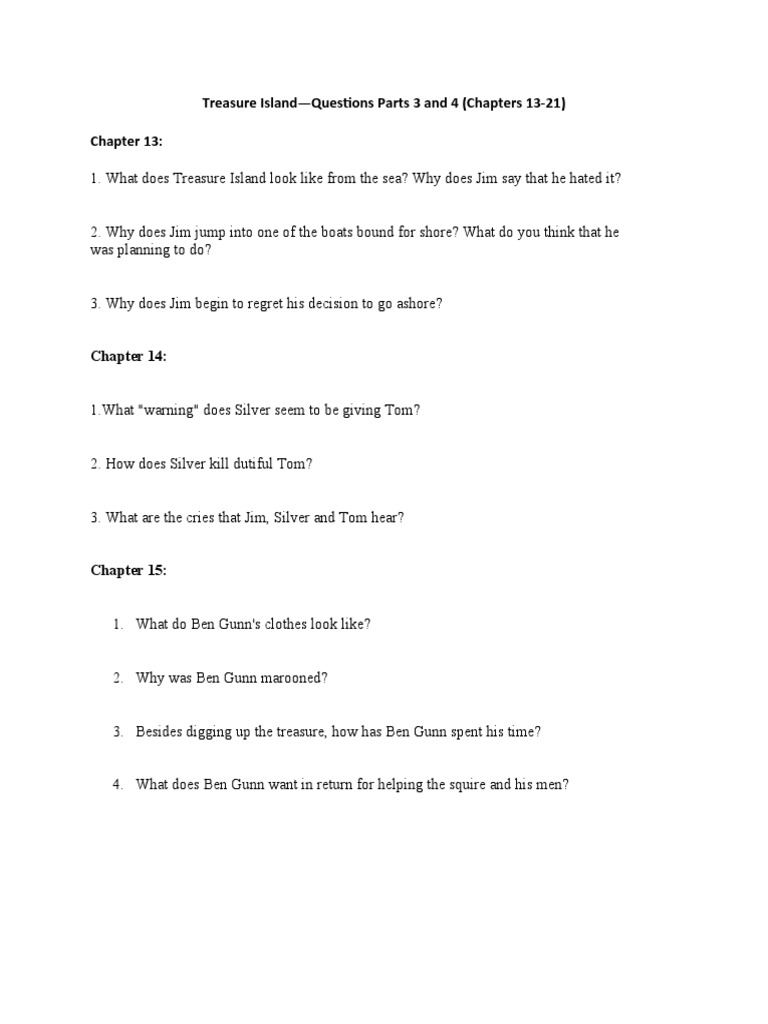 Treasure Island: Chapters 13-21 Questions | PDF