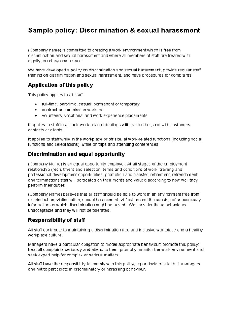 Sample Discrimination and Sexual Harassment Policy | PDF | Sexual ...