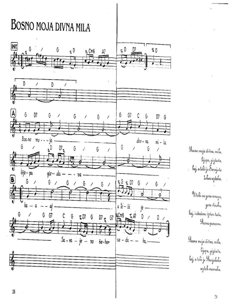 Bosno Moja Divna Mila Sevdalinka Note | PDF