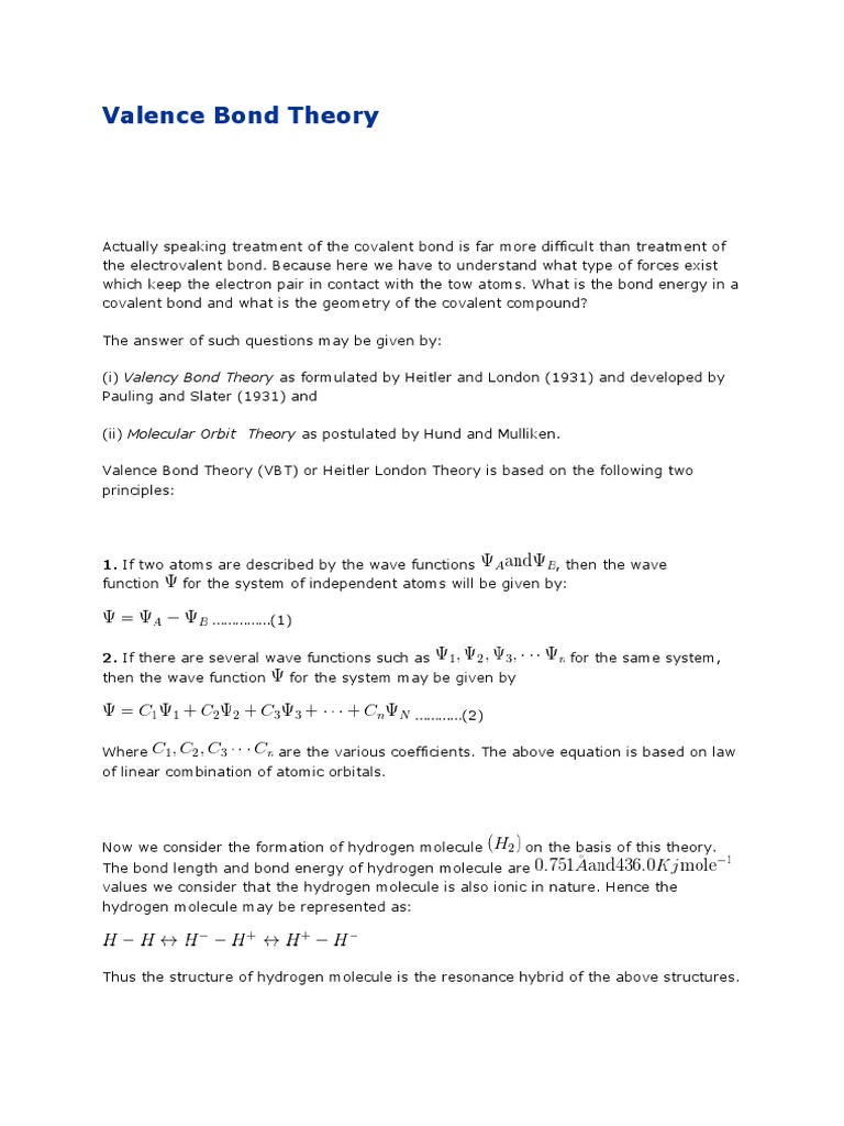 Valence Bond Theory: 1. If Two Atoms Are Described by The Wave ...