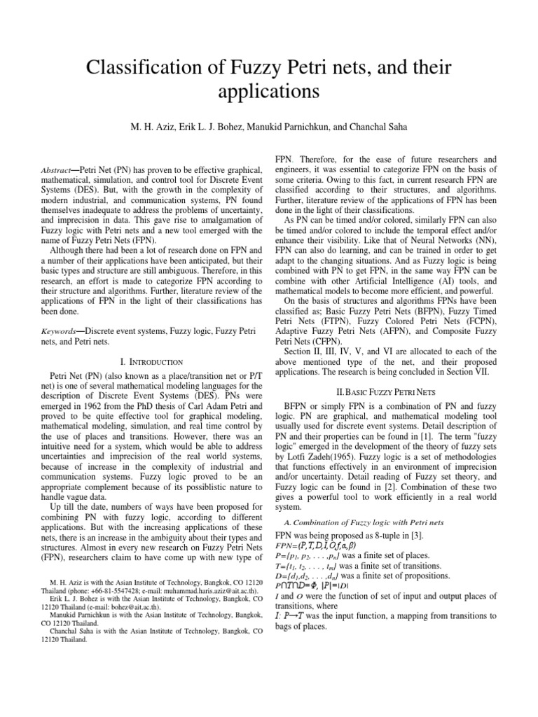 Classification and Applications of Fuzzy Petri Nets: A Review of the Different Types of Fuzzy ...