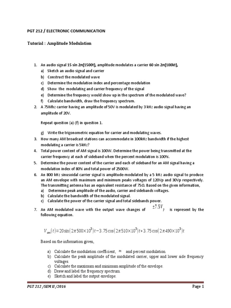 PGT 212 / Electronic Communication Tutorial: Amplitude Modulation | PDF ... PGT 212 / Electronic Communication Tutorial: Amplitude Modulation | PDF ...