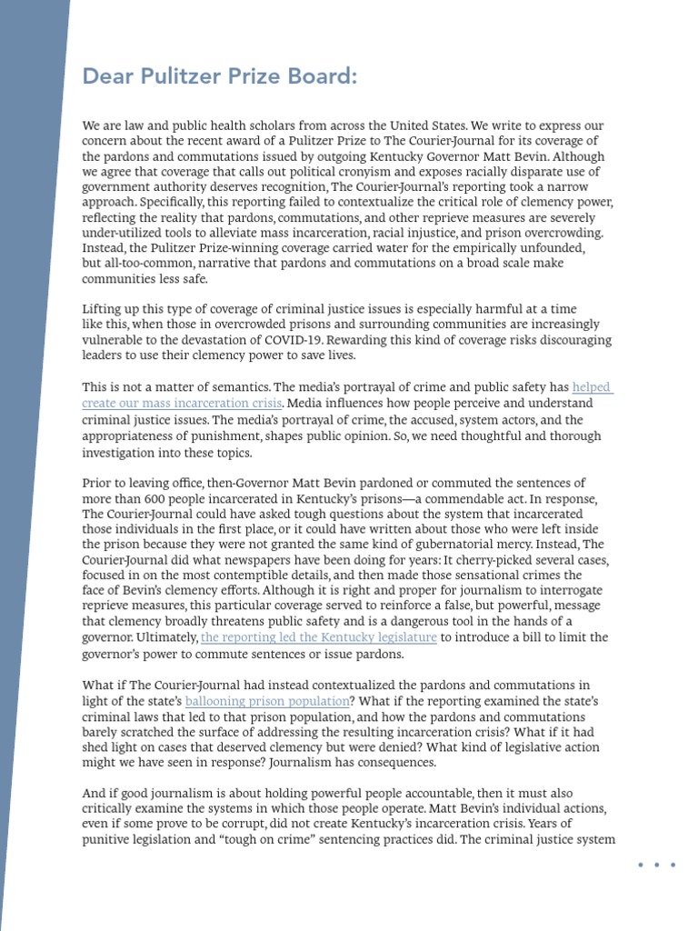 Letter To Pulitzer Prize Board | PDF | Pardon | Prison