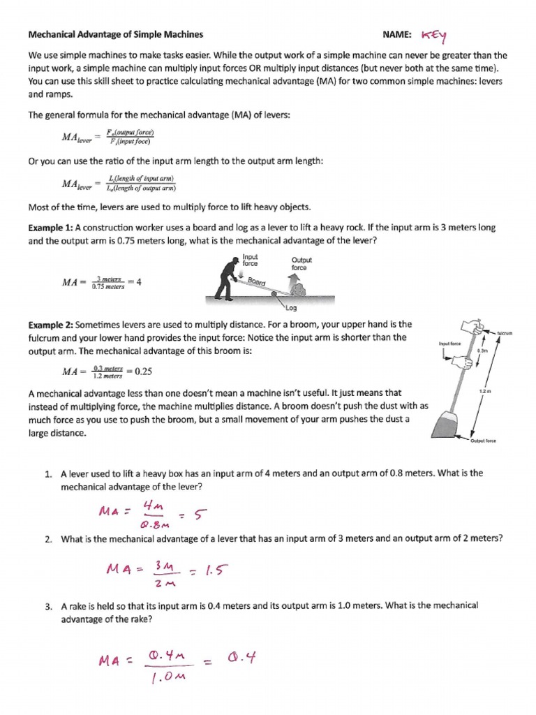 Mechanical Advantage of Simple Machines KEY PDF | PDF