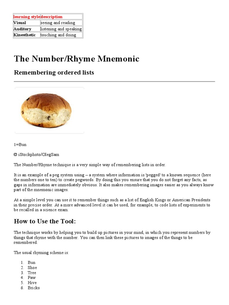 The Number/Rhyme Mnemonic: Remembering Ordered Lists | PDF | Mnemonic ...