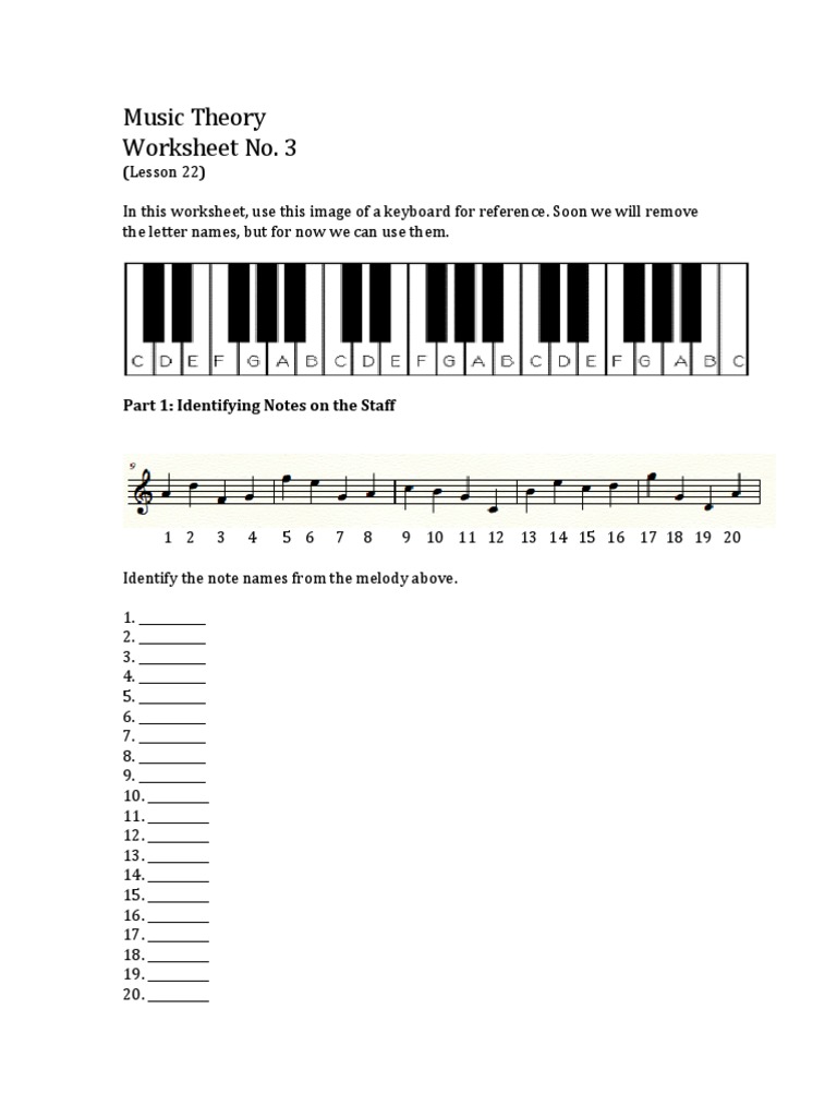 Music Theory Worksheet No. 3: Part 1: Identifying Notes On The Staff ...