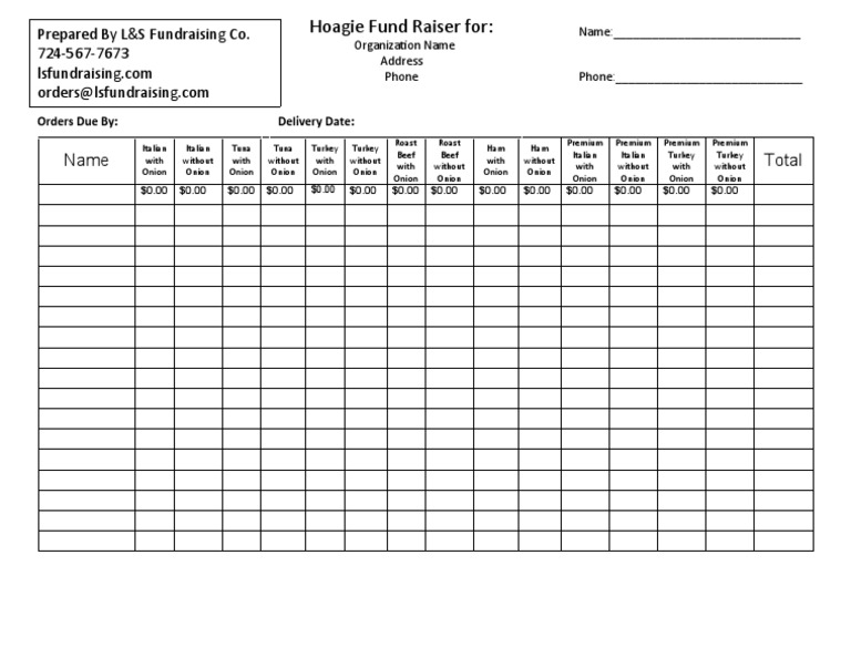 Hoagie Fundraiser Order Form for [Organization Name] | PDF