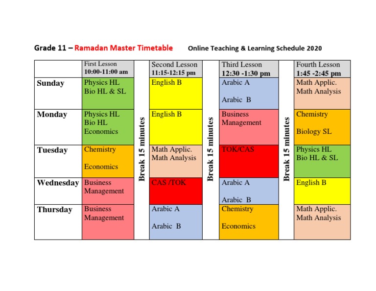 Grade 11 Ramadan Timetable 2020 | PDF