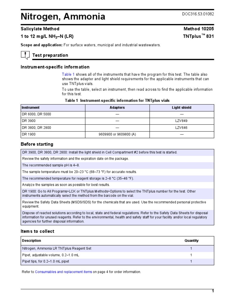 Nitrogen, Ammonia: Salicylate Method Method 10205 1 To 12 MG/L NH - N ...