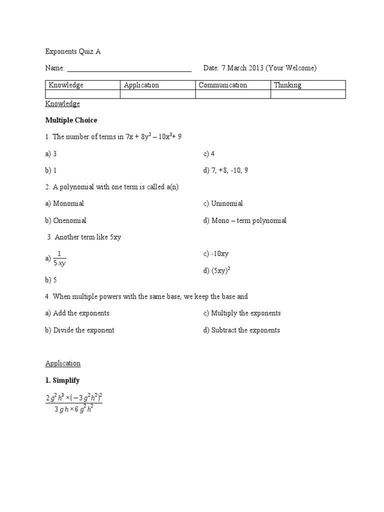 Grade 9 Exponents Quiz and Answers | PDF