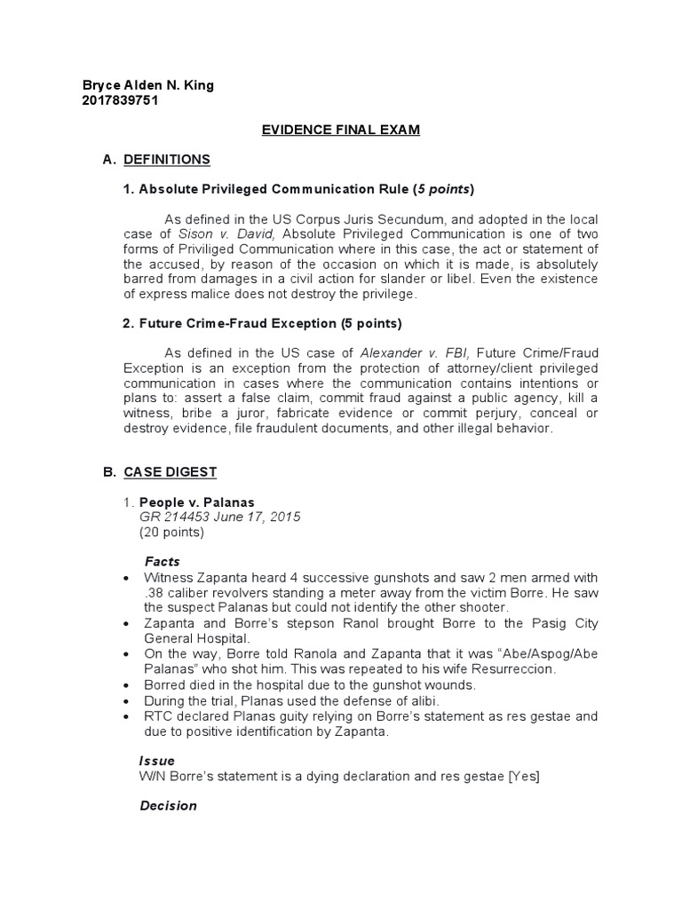 A. Definitions 1. Absolute Privileged Communication Rule (5 Points ...