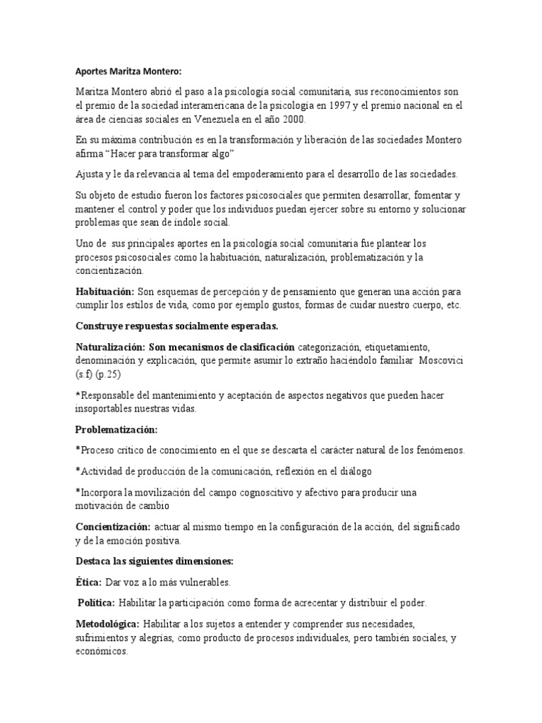 Aportes Maritza Montero | PDF | Psicología Social | Sicología