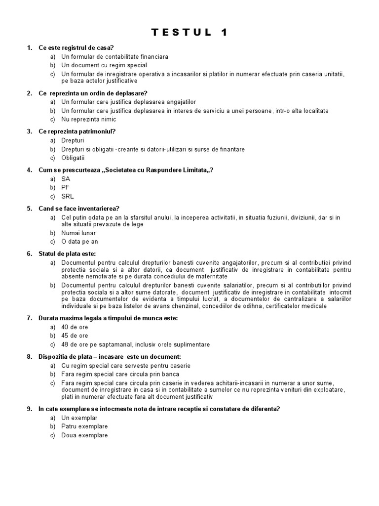 Teste Grila Contabilitate Primara | PDF